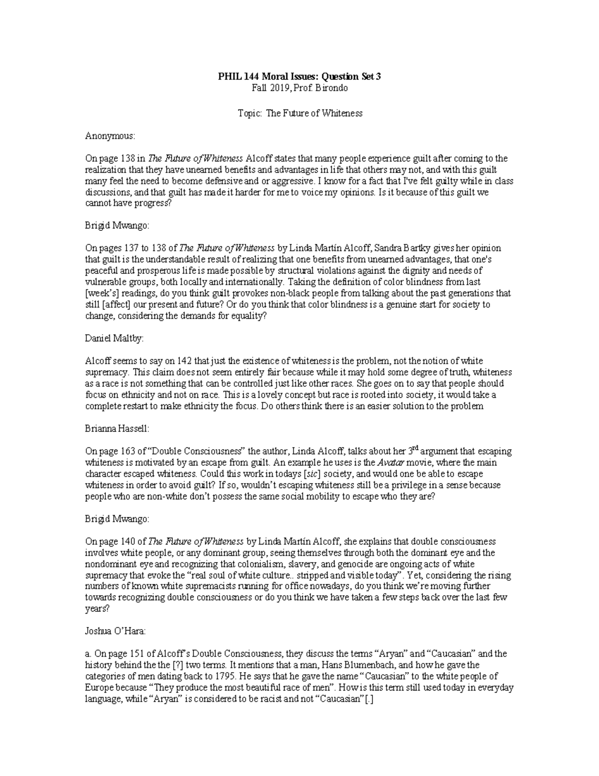 WSU 144 Q3 - Possible exam/quiz/lecture questions Dr. Birondo - PHIL ...