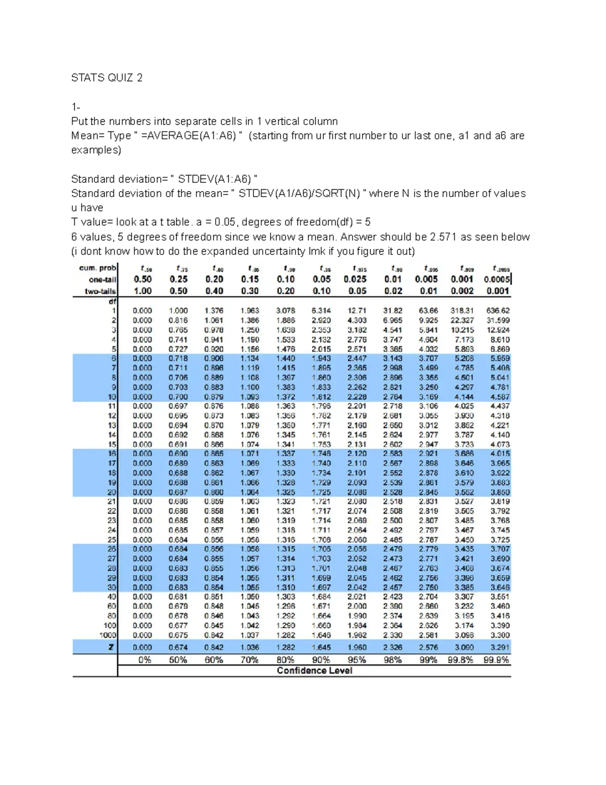 Stats QUIZ 2 - STATS QUIZ 2 1- Put the numbers into separate cells in 1 ...