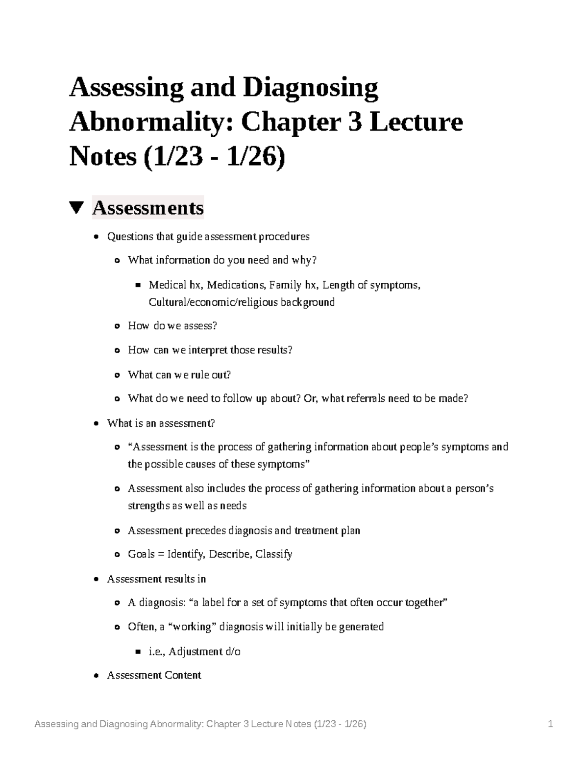 Assessing and Diagnosing Abnormality Chapter 3 Lecture Notes ...
