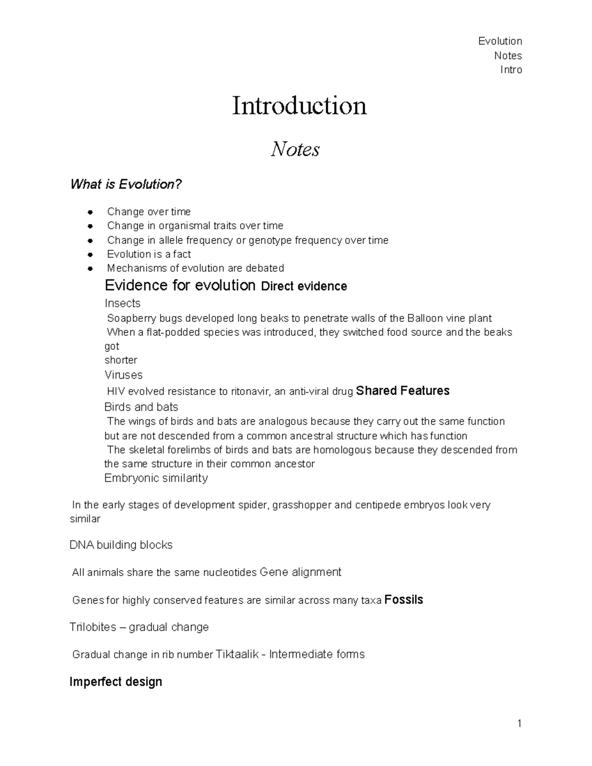 Intro Notes - Notes Intro Introduction Notes What is Evolution? Change ...