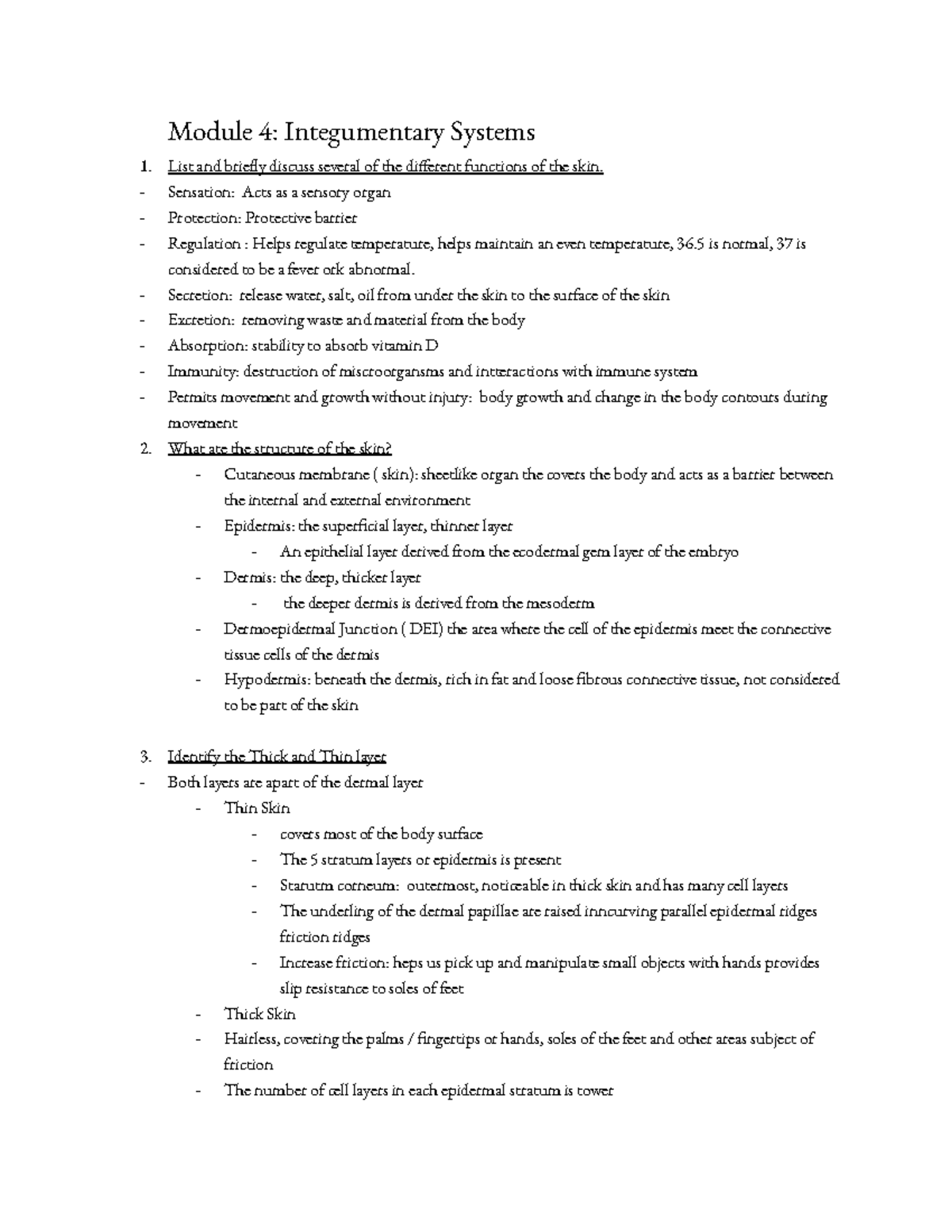 Integumentary Systems Questions - Module 4: Integumentary Systems List ...