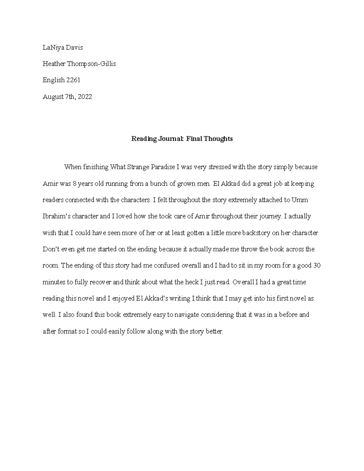 Final Thoughts - Book/Short Story report - LaNiya Davis Heather ...