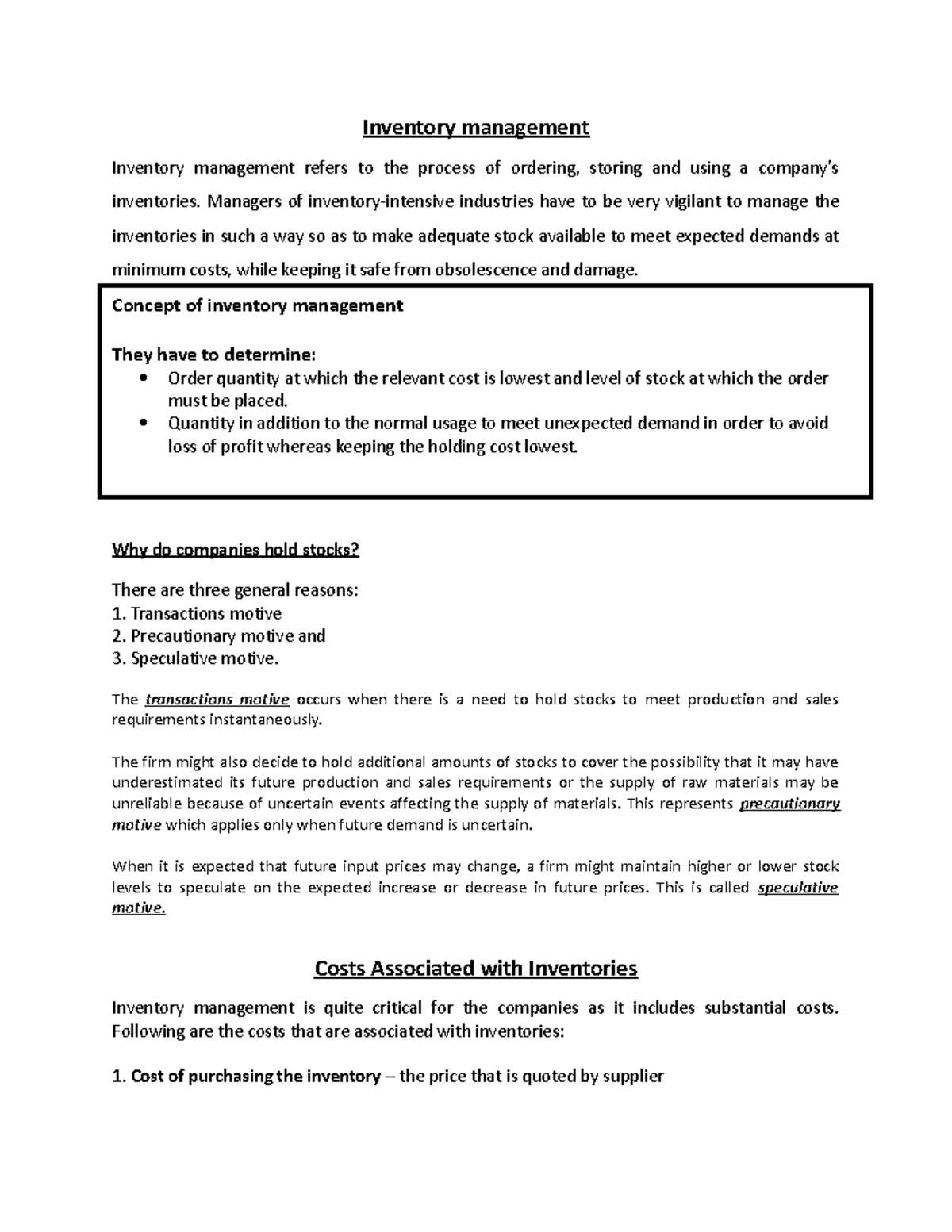Inventory management theory and questions - Inventory management Inventory management refers to ...