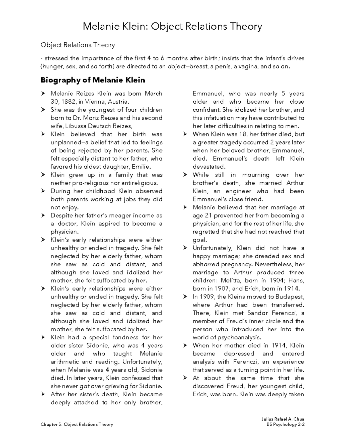 5. Klein - Melanie Klein: Object Relations Theory Julius Rafael A. Chua Object Relations Theory ...