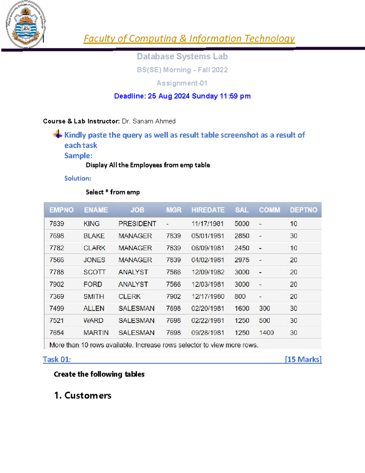 Assignment 01 - Database Systems Lab BS(SE) Morning - Fall 2022 ...