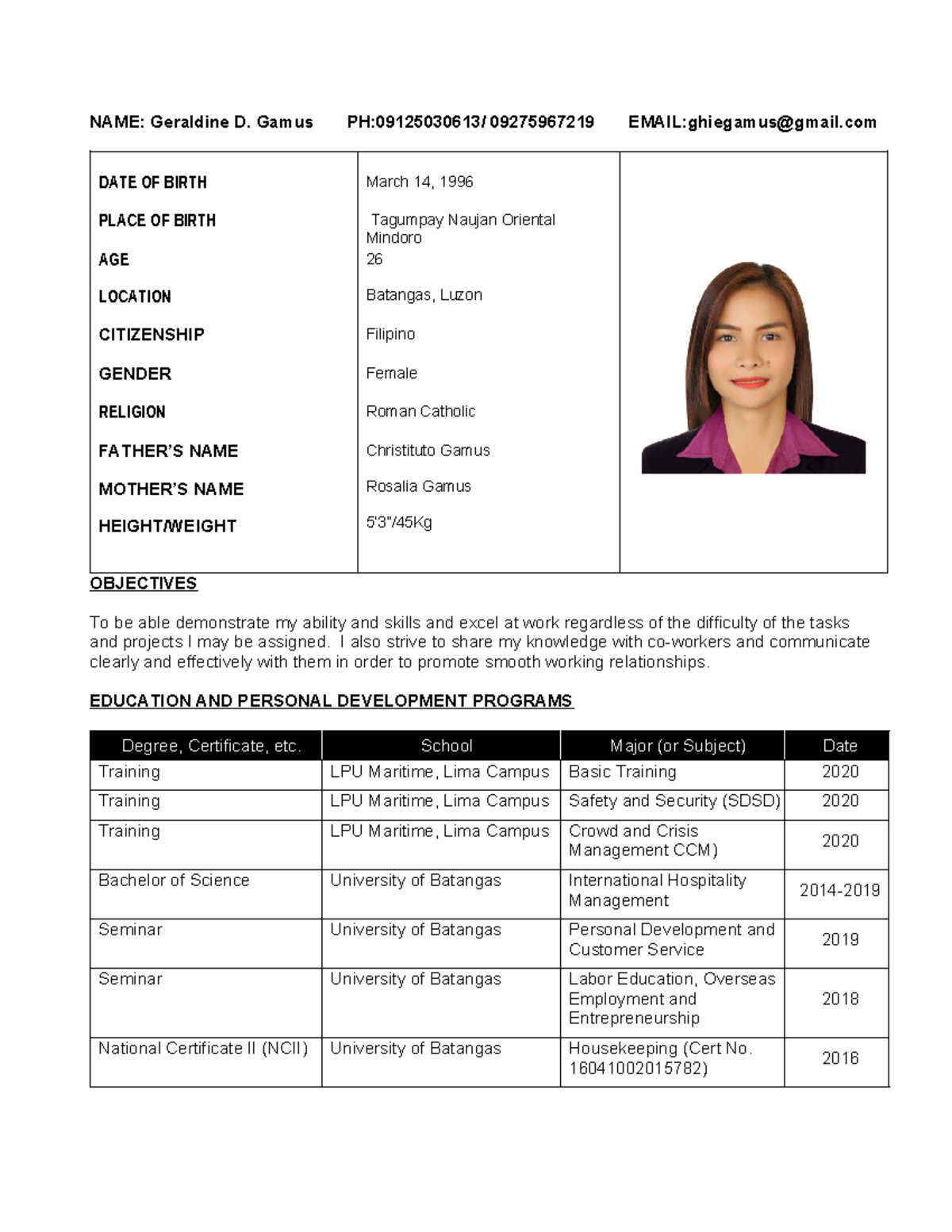 Geraldine Gamus - reviewer for CHRA - NAME: Geraldine D. Gamus PH ...