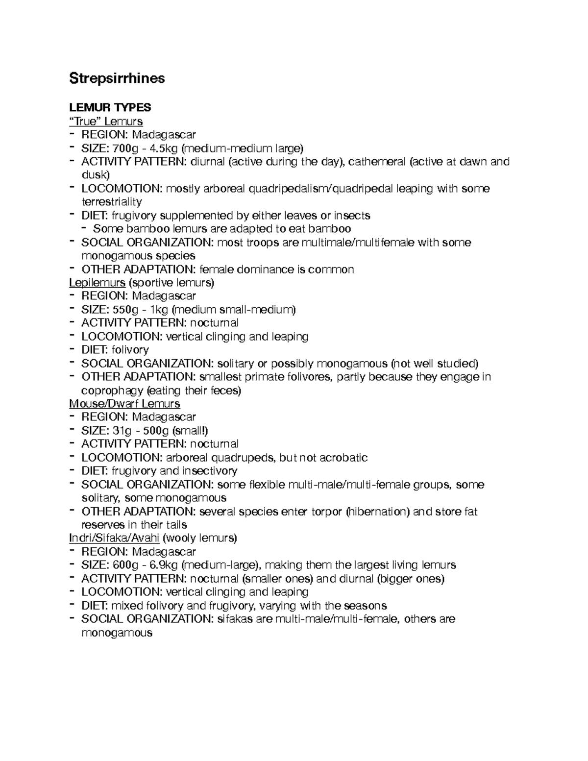 More Primate Notes - Prof. David Strait - Strepsirrhines LEMUR TYPES ...