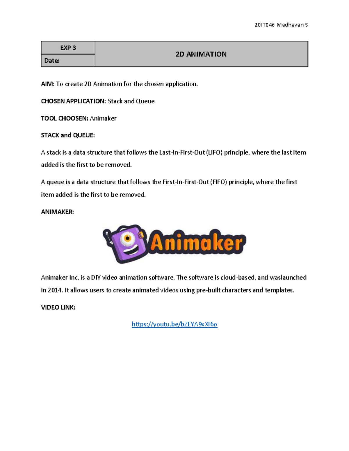 20IT046 Exp3 - this is multimedia lab exp - EXP 3 2D ANIMATION Date: AIM: To create 2D Animation ...