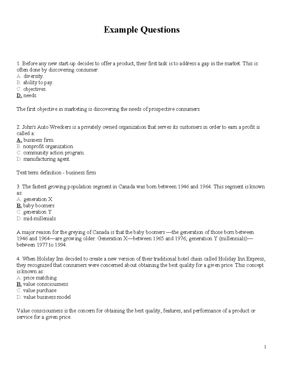 Example questions - Example Questions 1. Before any new start-up ...