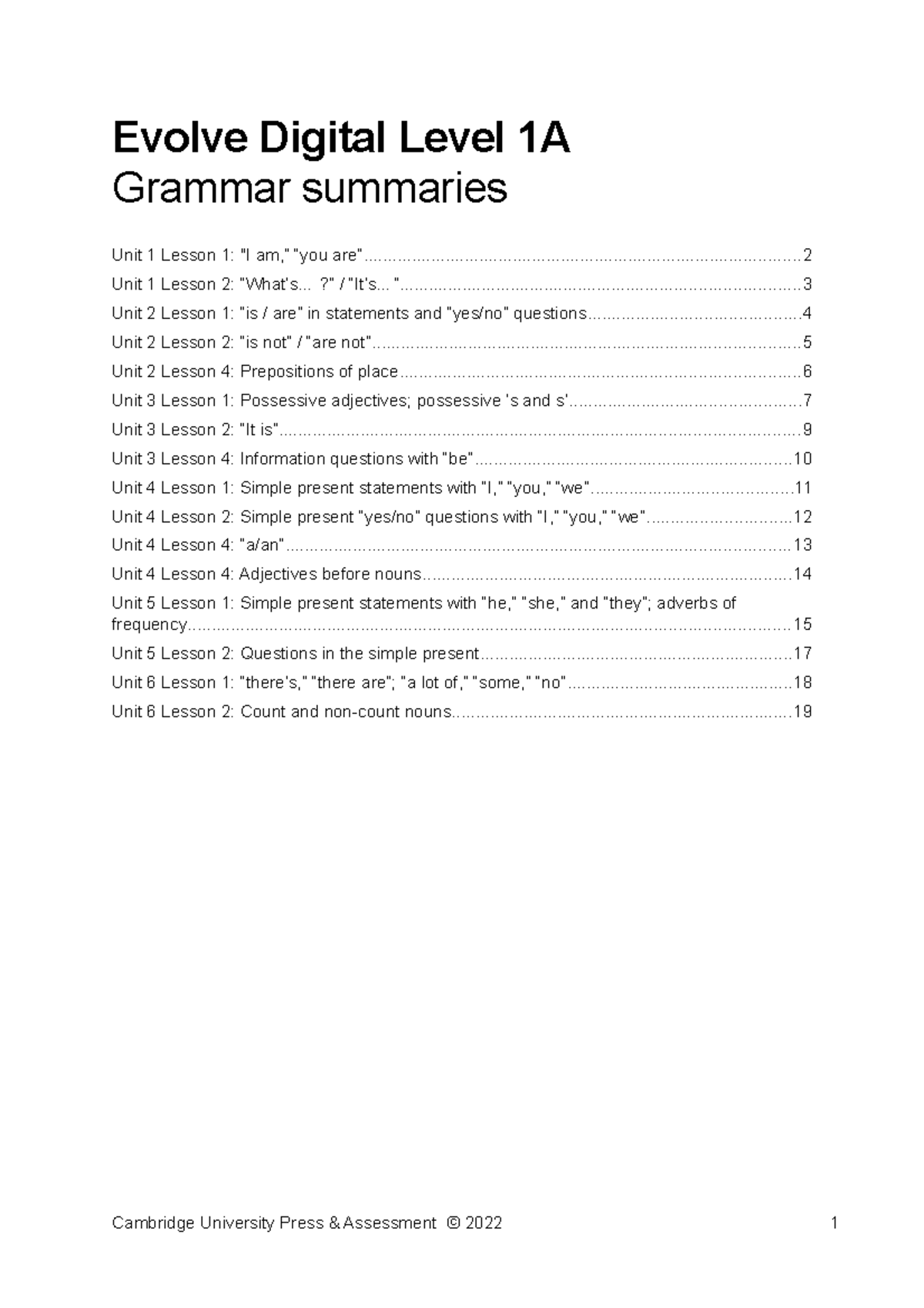 Evolve Digital Level 1A Grammar summaries - Evolve Digital Level 1A ...