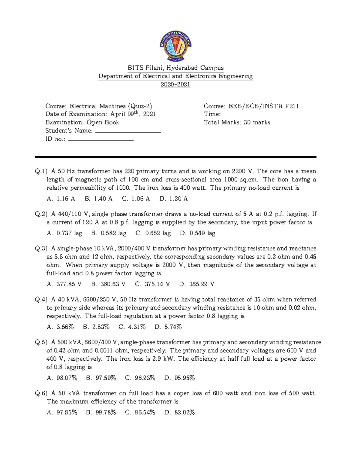 QUIZ 2 2021 - QUIZ 2 - BITS Pilani, Hyderabad Campus Department of ...