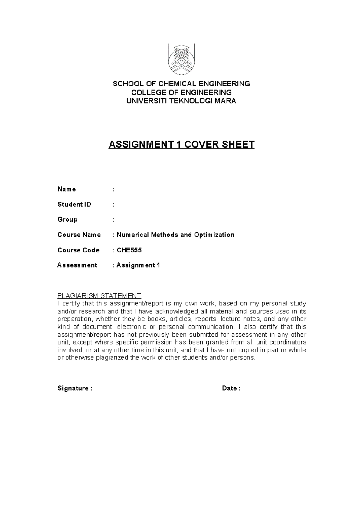 CHE555 Assignment 1 Cover Sheet - SCHOOL OF CHEMICAL ENGINEERING COLLEGE OF ENGINEERING ...