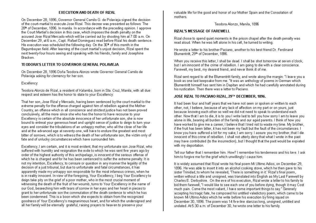 Execution AND Death OF Rizal - EXECUTION AND DEATH OF RIZAL On December ...