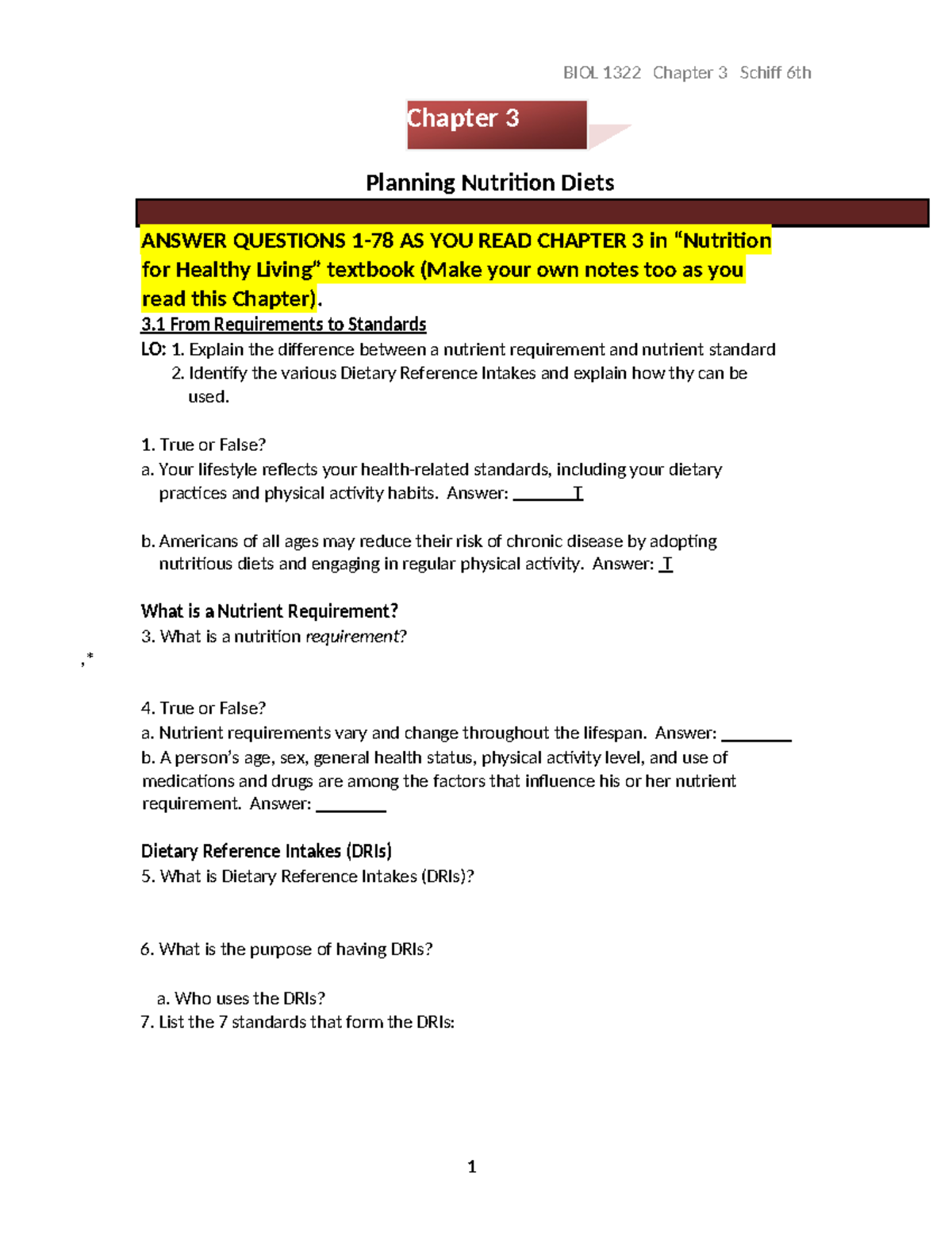 Ch 3 questions nutrition - Chapter 3 Planning Nutrition Diets ANSWER ...