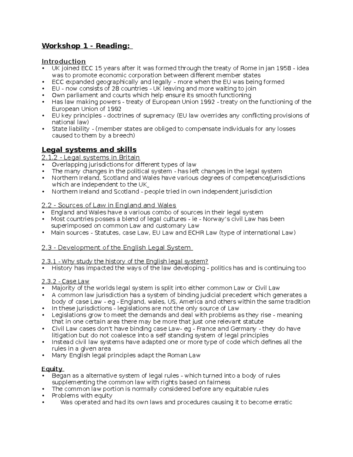 Workshop 1 common law notes. not fully completed - Studocu