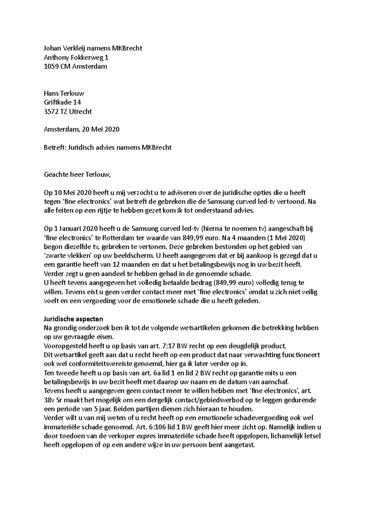 Adviesbrief Hogeschool Leiden - Johan Verkleij namens MKBrecht Anthony ...