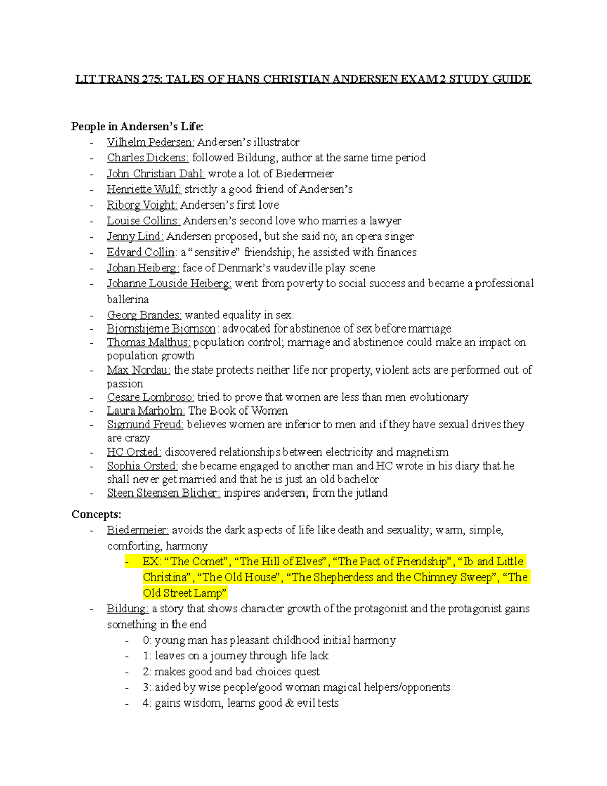 LIT Trans 275 Exam 2 Study Guide - LIT TRANS 275: TALES OF HANS ...