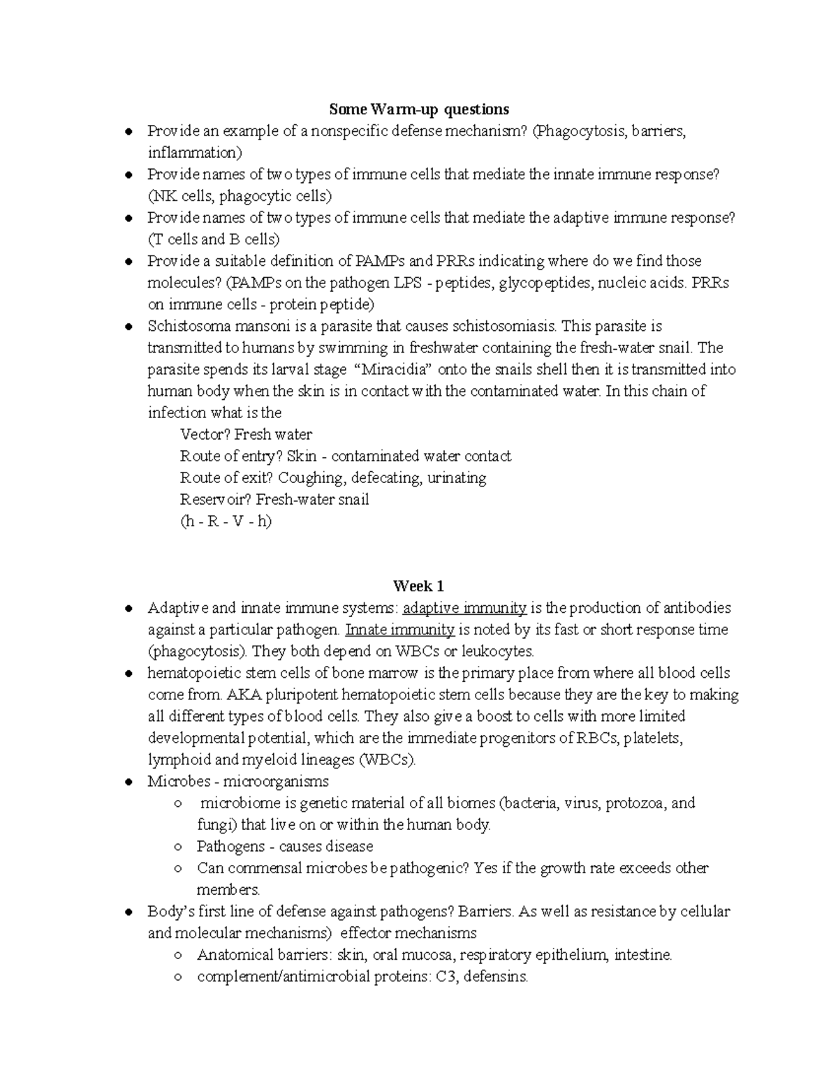 Immunology Notes - Some Warm-up questions Provide an example of a ...