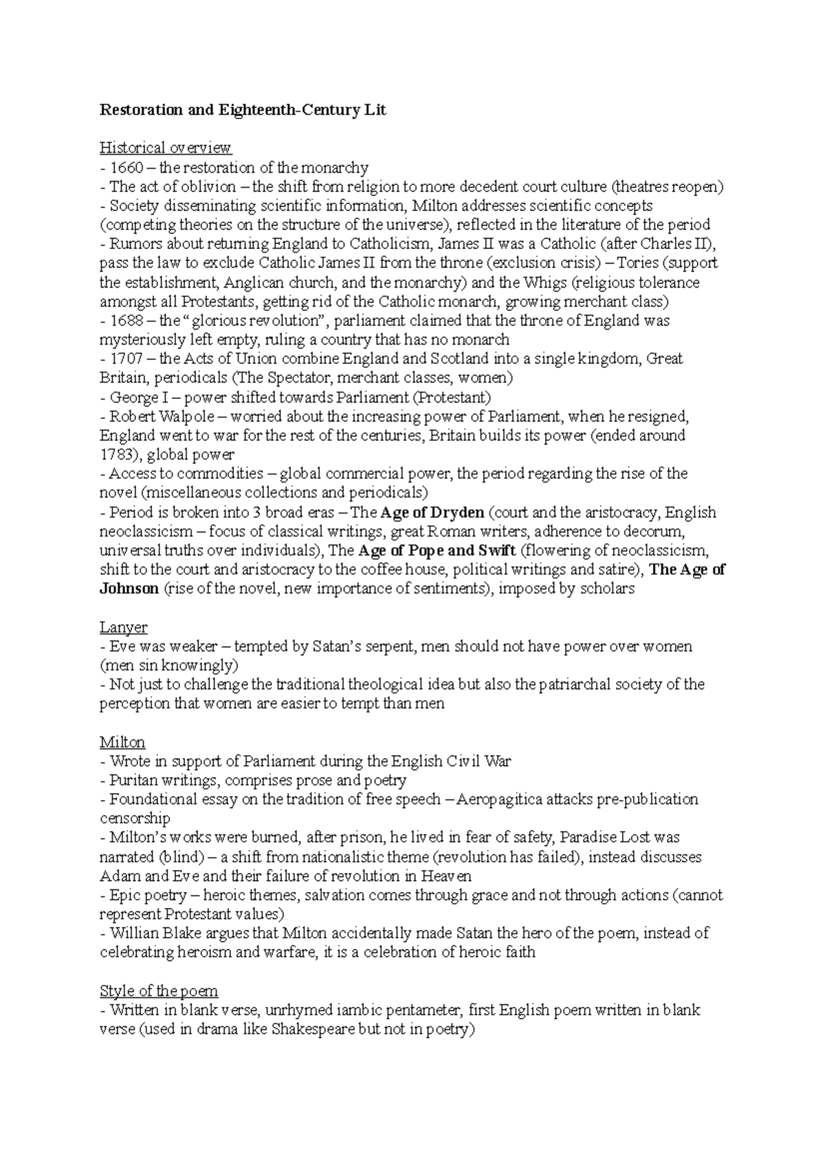 Restoration and Eighteenth Century Lit - Restoration and Eighteenth ...