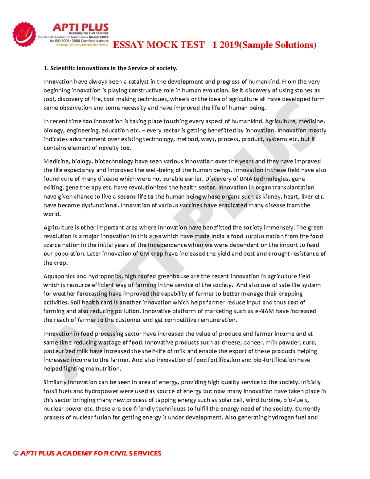 Essay Test 1 (Sample Solution) - Scientific Innovations in the Service ...