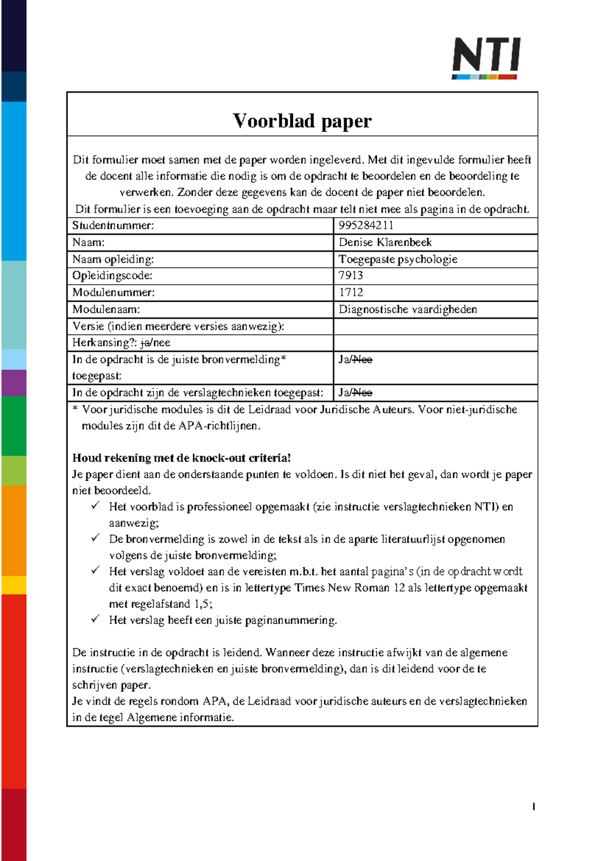 Paper Diagnostishe vaardigheden - 1 Voorblad paper Dit formulier moet ...