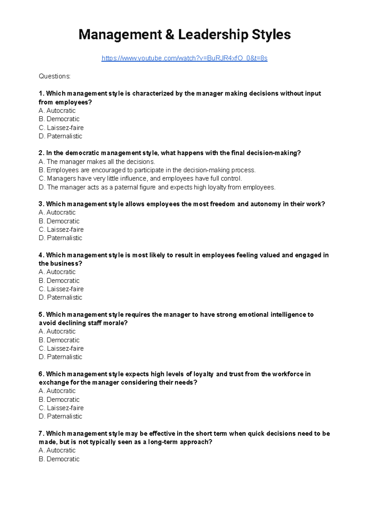 Management & Leadership Styles - Management & Leadership Styles - Studocu