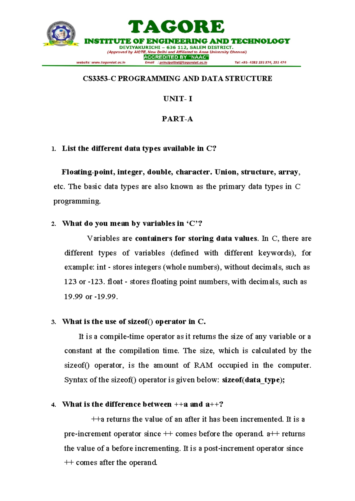 Department Of Computer Science And Engineering Cs3353 C Programming And Data Structure Unit I