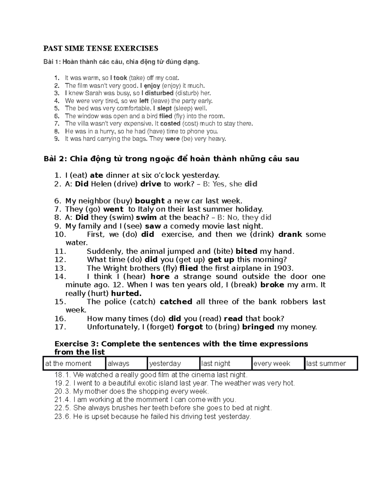 PAST Simple VS PAST Continuous 1 - PAST SIME TENSE EXERCISES Bài 1 ...