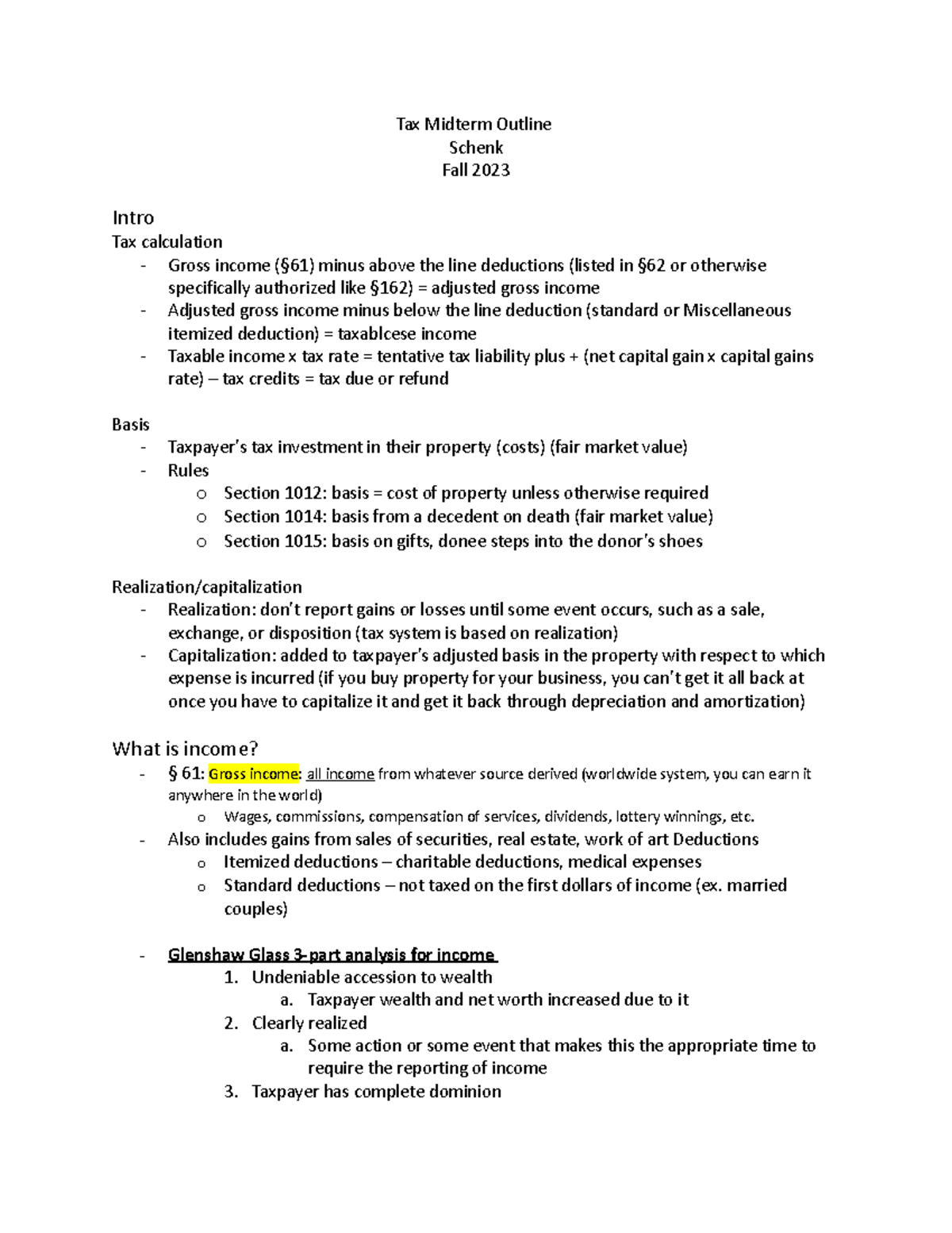 Tax midterm Outline - Tax Midterm Outline Schenk Fall 2023 Intro Tax calculation - Gross income ...