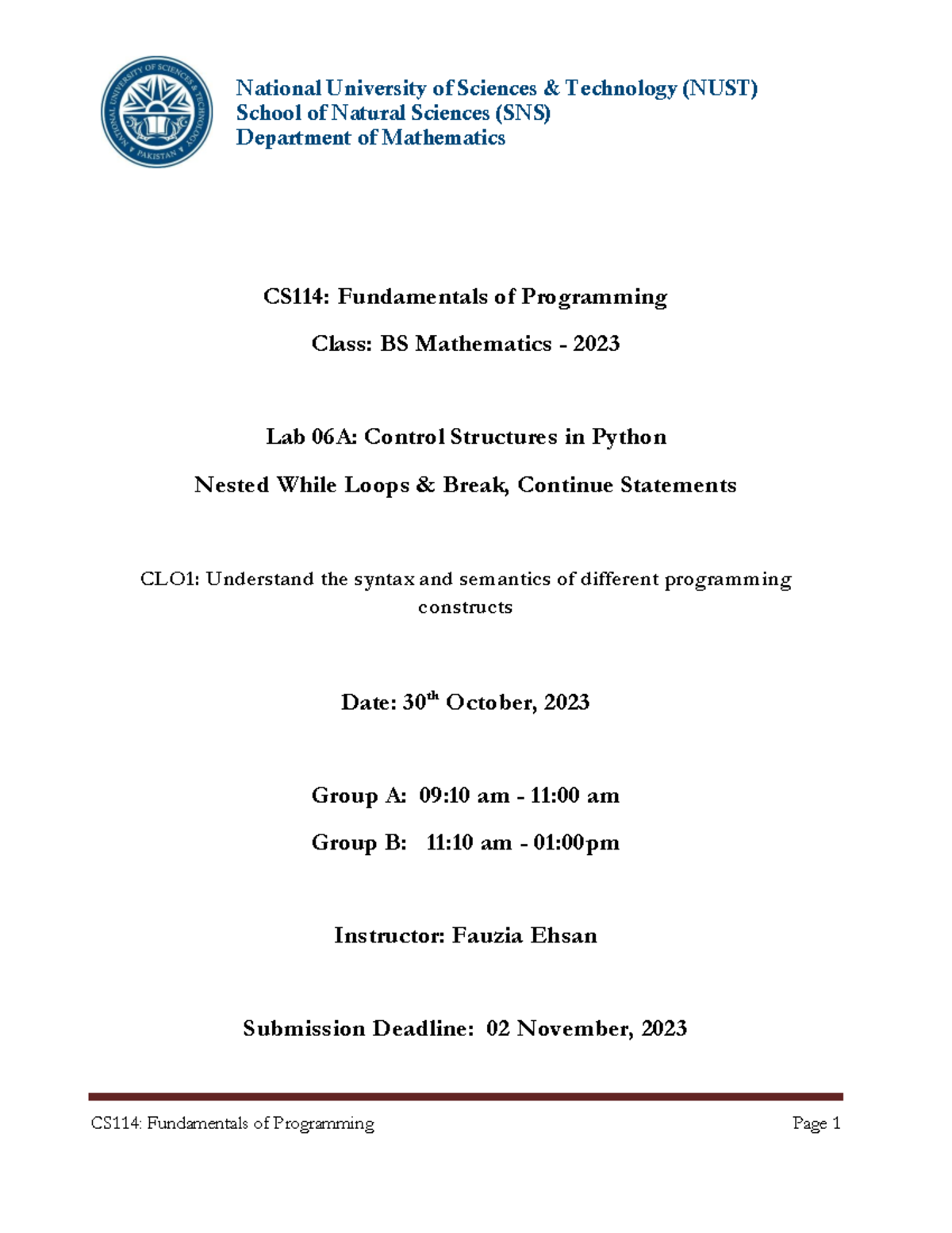 Fo CP Lab06a Nested Loops In Python - School of Natural Sciences (SNS) Department of Mathematics ...