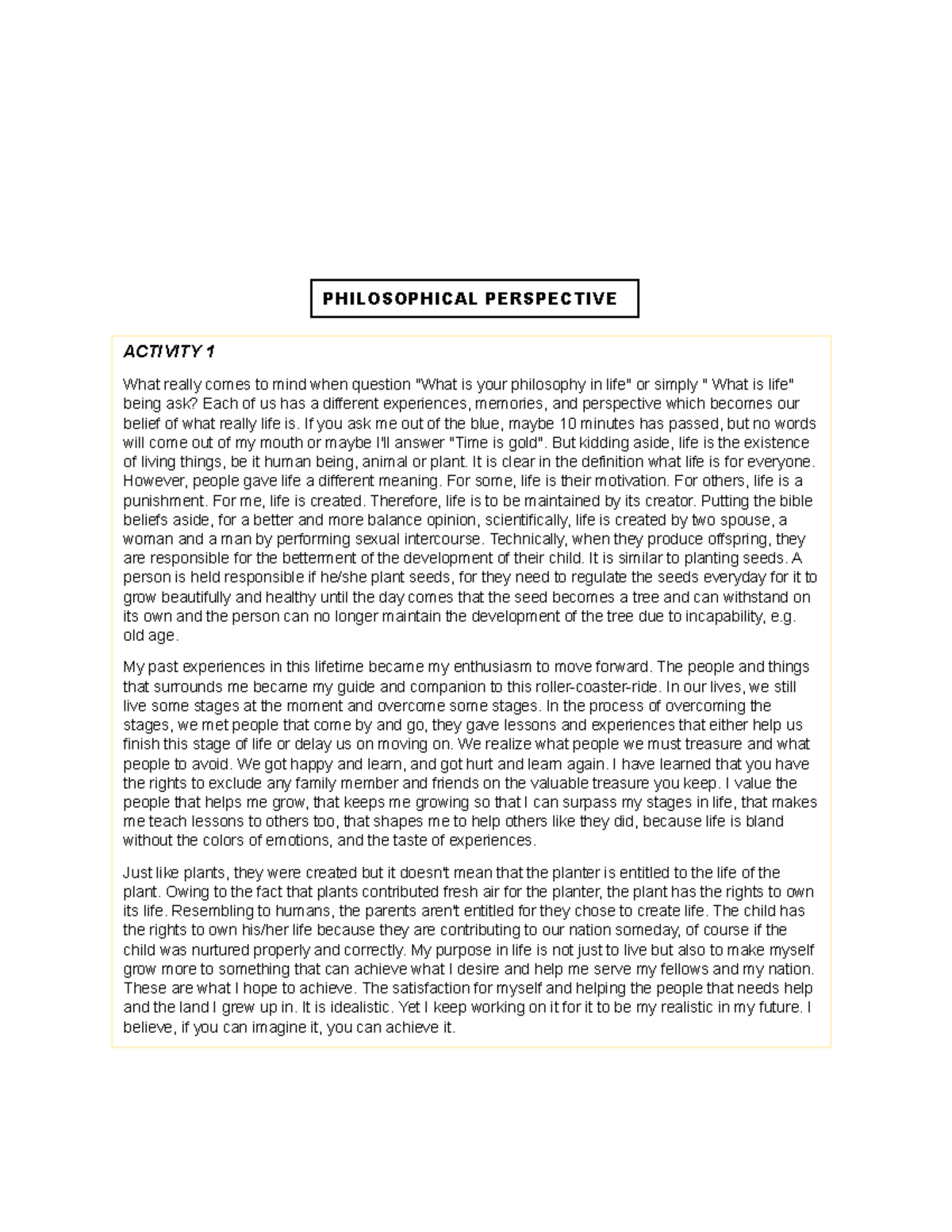 Activity 1 and Assessment 1 (Understanding the Self - Philosophical ...