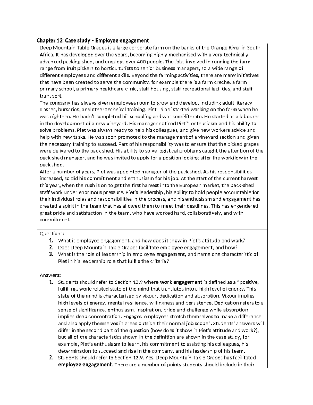 Case study on chapter 12 - Chapter 12: Case study – Employee engagement Deep Mountain Table ...