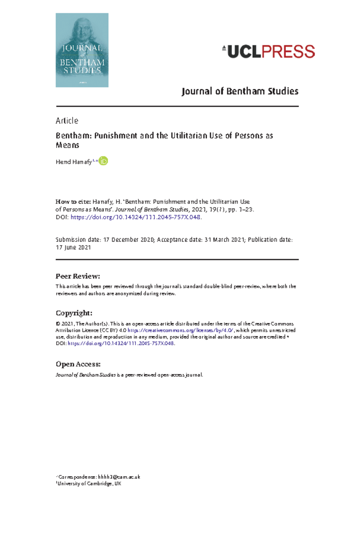 Bentham Punishment and the Utilitarian Use of Pers - Journal of Bentham ...