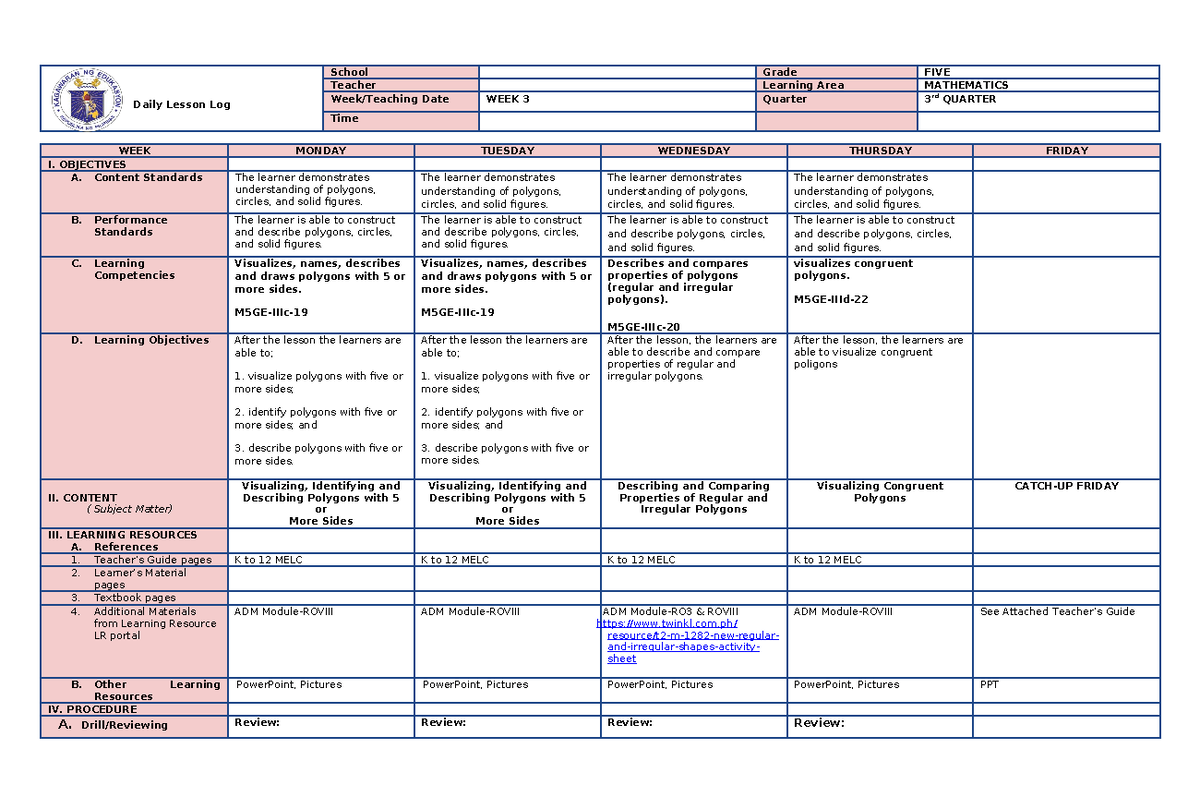 DLL WEEK 3 Q3 MATH - daily lesson log grade mathematics 5 - Daily ...