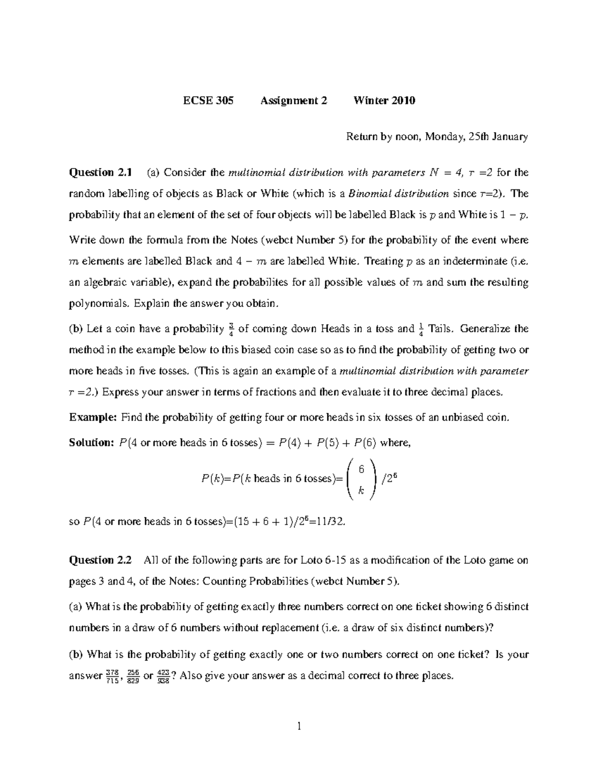 Probability and Random Signals 1 - Assignments - 2010 qu 2 1 2 4 - ECSE ...