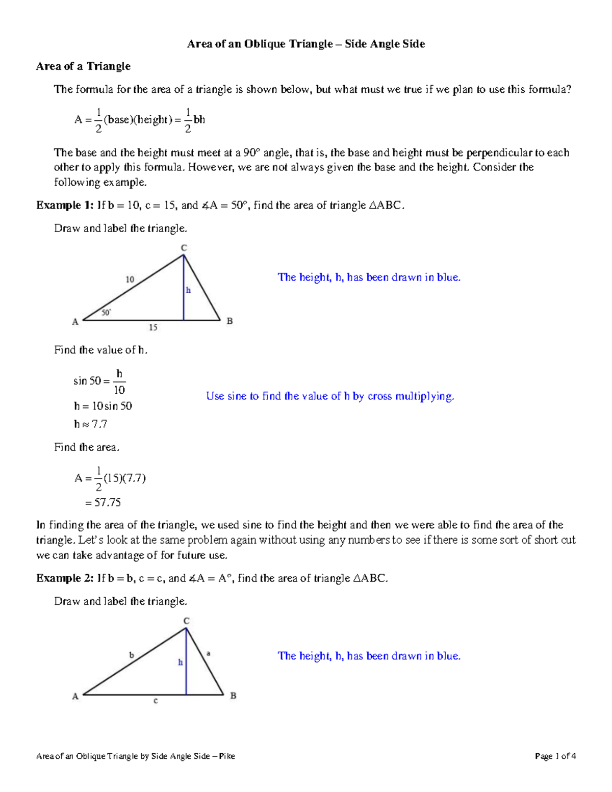 Area SAS - Lecture notes 1 - Area of an Oblique Triangle – Side Angle ...