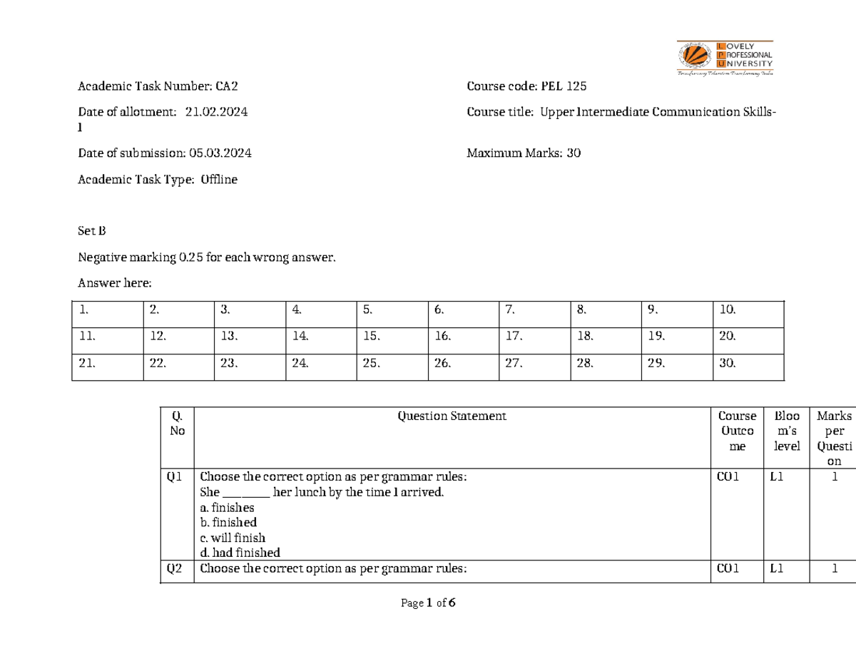 CA2 Set B PEL125 Final 1 - Academic Task Number: CA2 Course code: PEL 125 Date of allotment: 21. ...