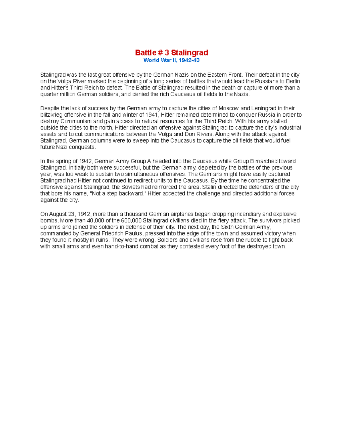 Battle # 3 Stalingrad - Battle # 3 Stalingrad World War II, 1942 ...
