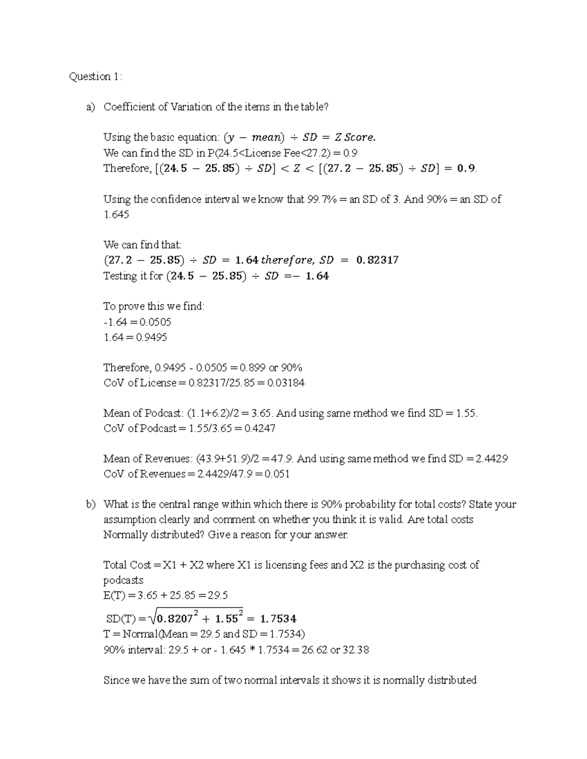 First Year Stats Assignment 3 Part two - Question 1: a) Coefficient of ...