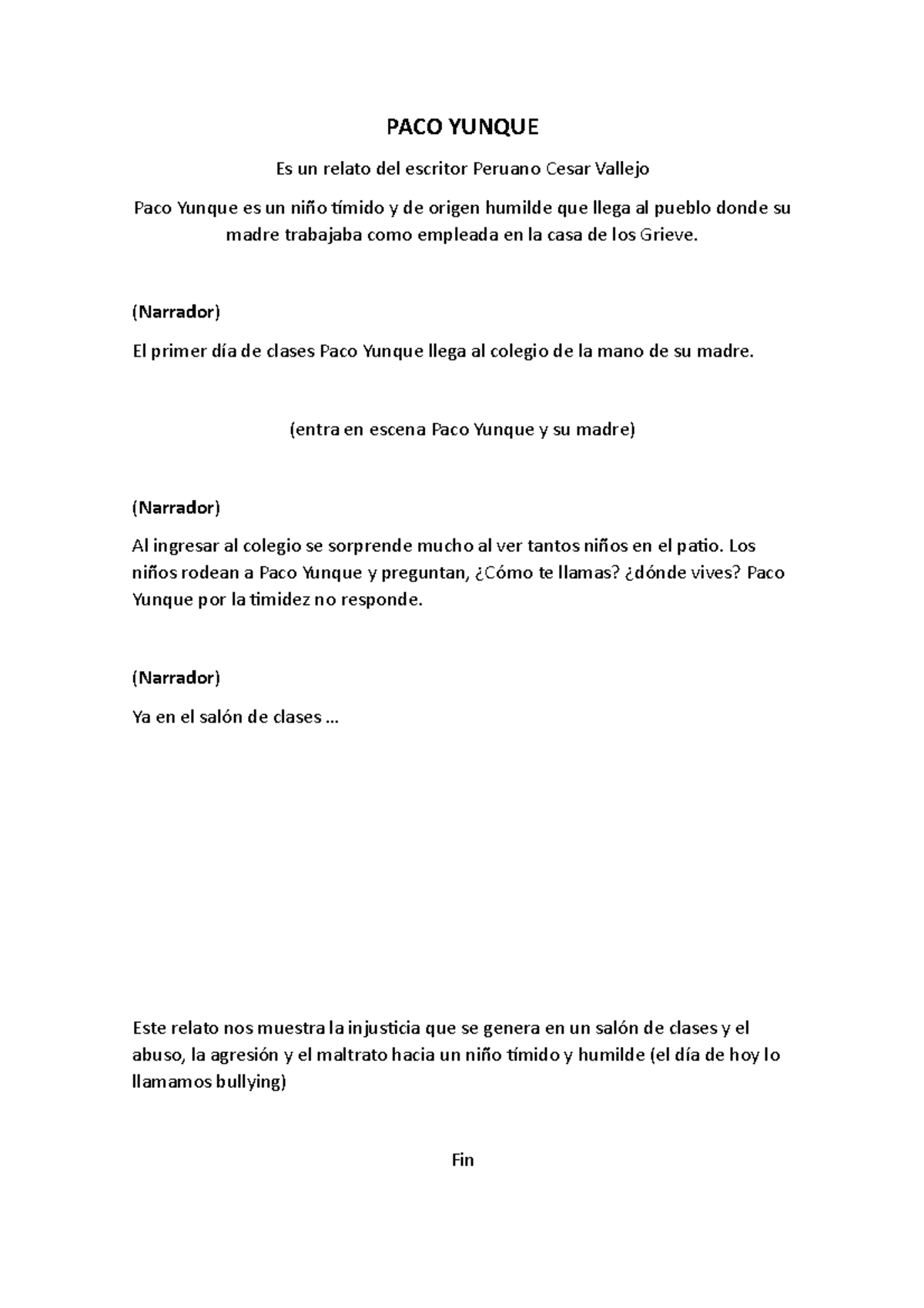 PACO Yunque - estudio - PACO YUNQUE Es un relato del escritor Peruano ...