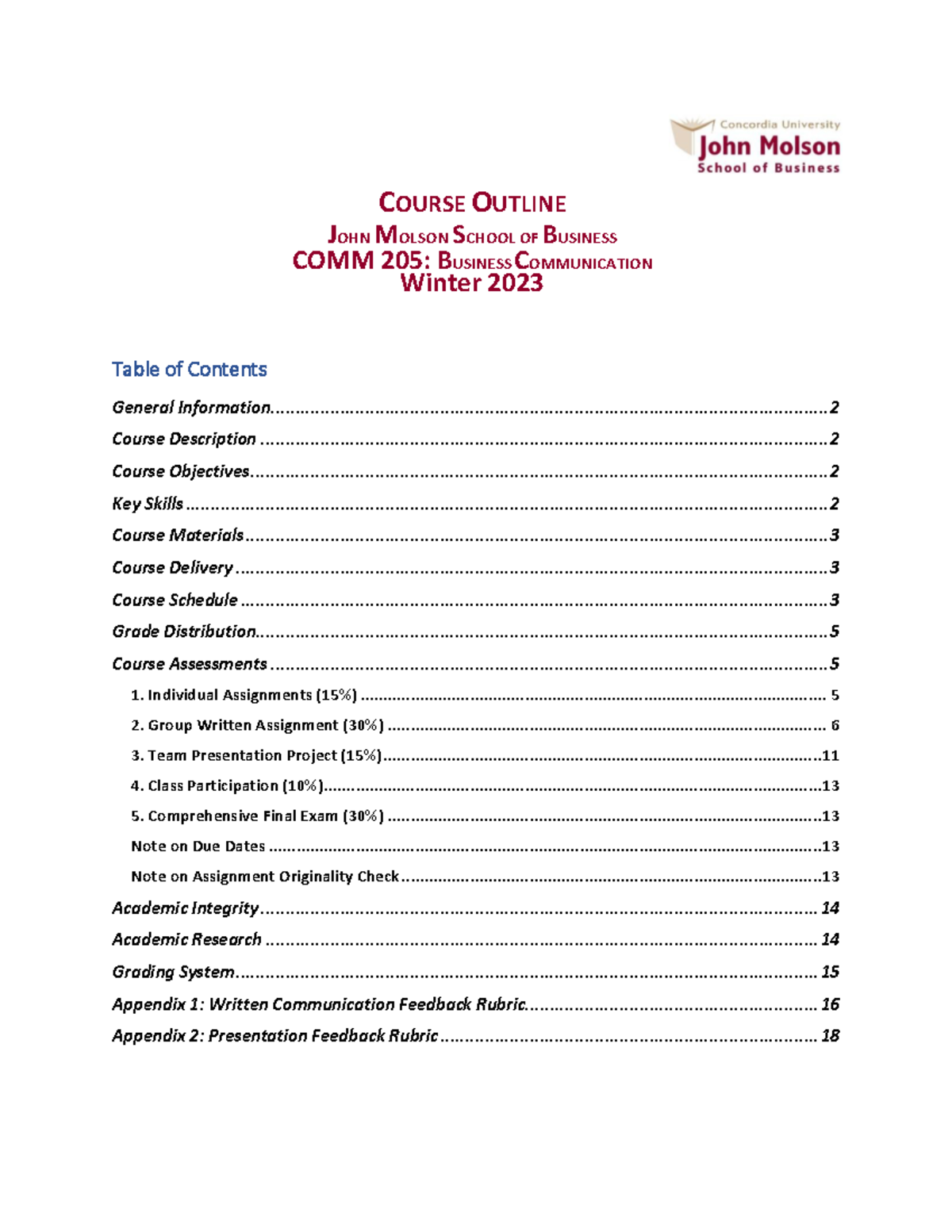 COMM 205 Outline Winter 2023 - COURSE OUTLINE JOHN MOLSON SCHOOL OF BUSINESS - Winter COMM 205 ...