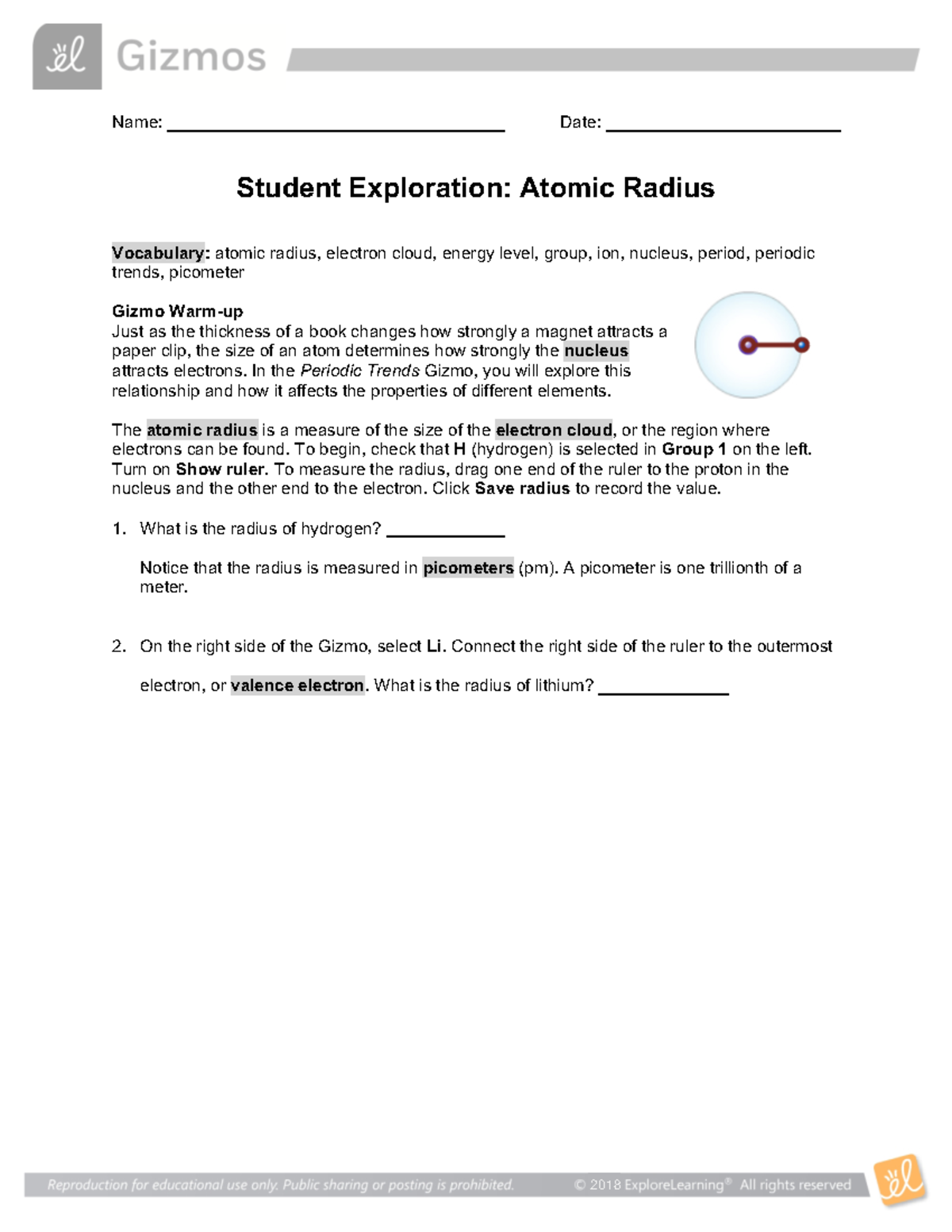 Atomic Radius - Homework gizmo assignment for chemistry - 2018 Name ...