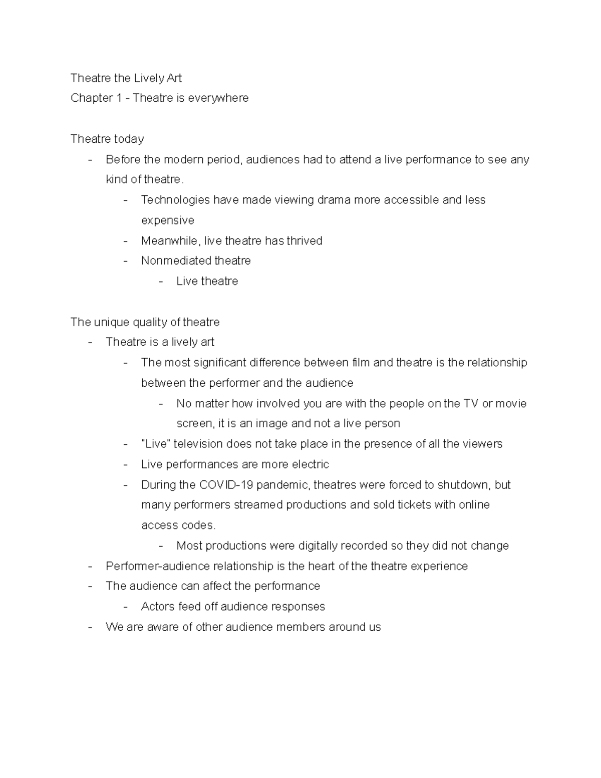 Chapter 1 Notes - Theatre the Lively Art Chapter 1 - Theatre is ...