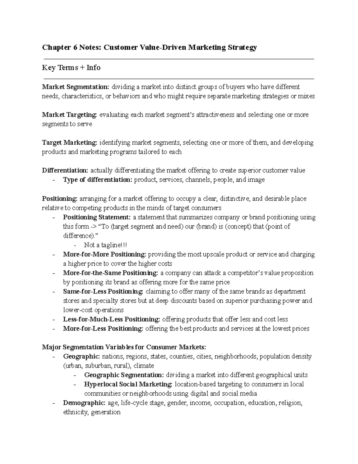 Chapter 6 Notes: Customer Marketing Strategy Key Terms - Studocu