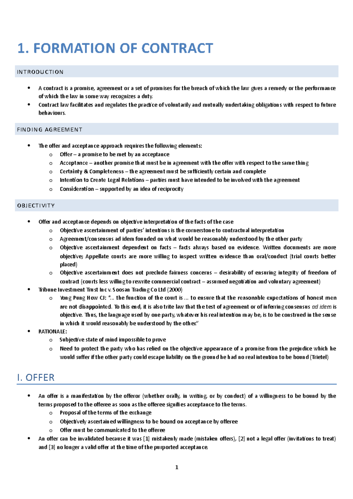1 - Formation of Contract - 1. FORMATION OF CONTRACT INTRODUCTION A contract is a promise, - Studocu