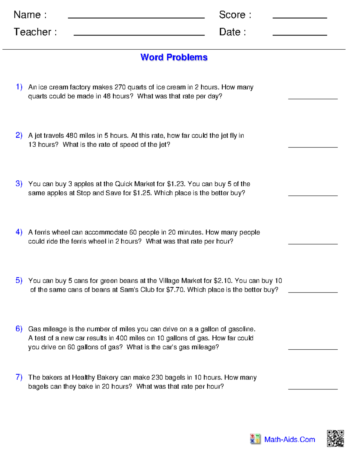 Ratios word problems - Practice Questions - Name : Teacher : Date ...