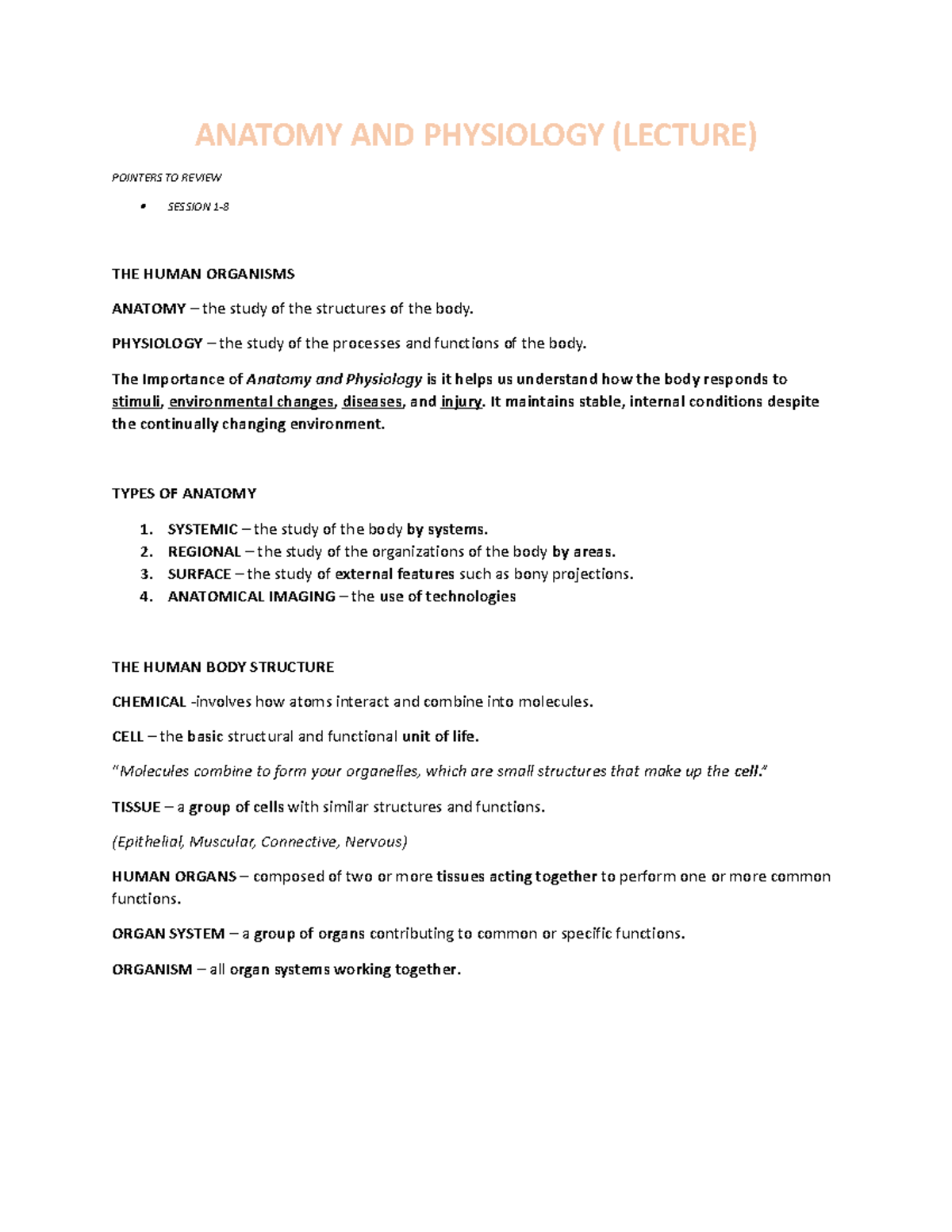 Anatomy AND Physiology - ANATOMY AND PHYSIOLOGY (LECTURE) POINTERS TO ...