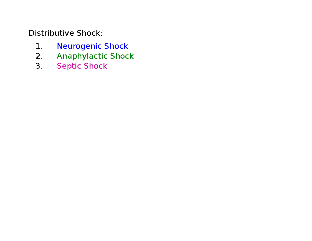Distributive shock lecture - Distributive Shock: 1. Neurogenic Shock 2 ...