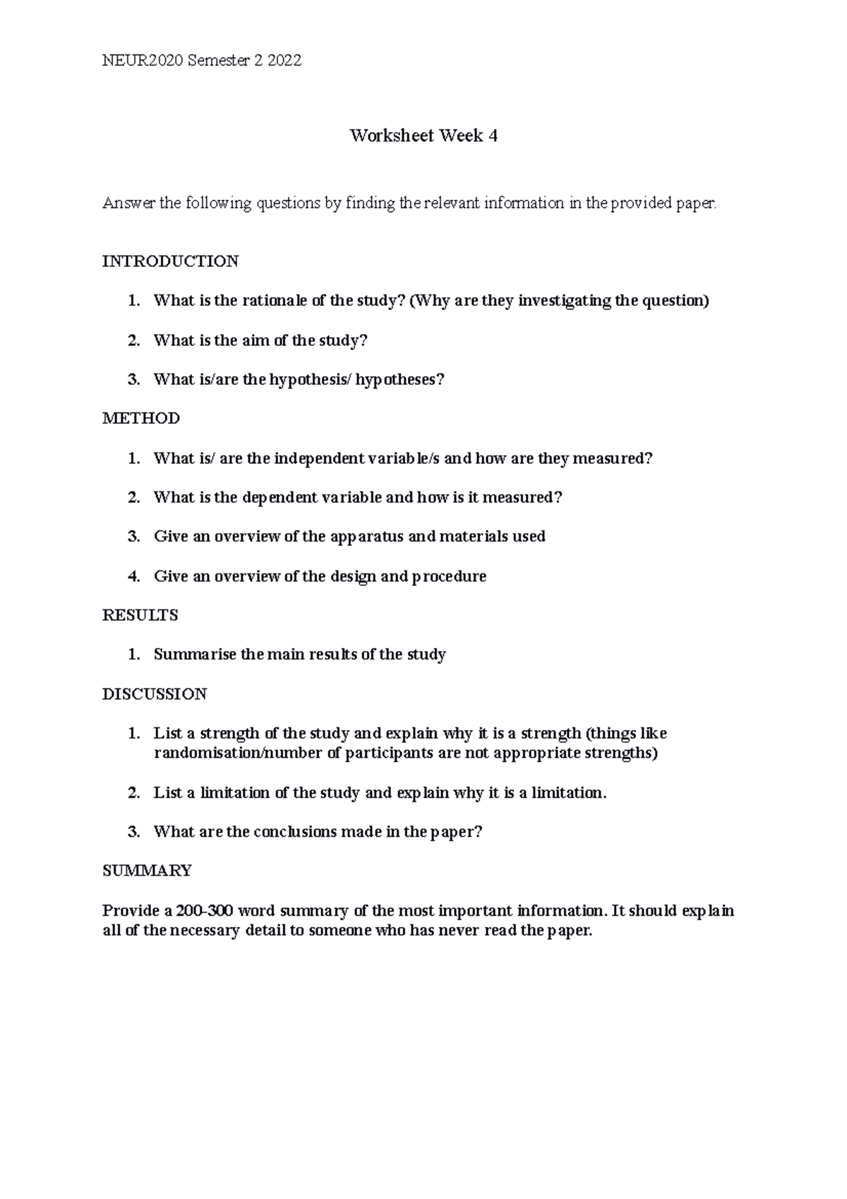 Worksheet wk4 - NEUR2020 Semester 2 2022 Worksheet Week 4 Answer the ...
