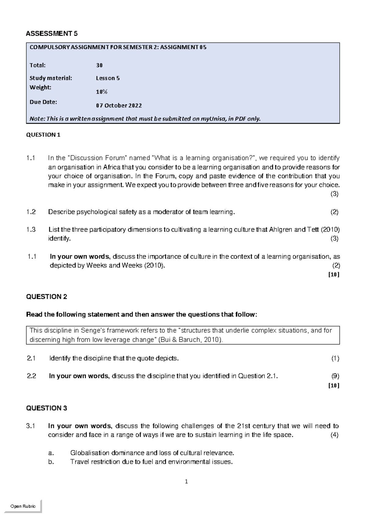 Assessment 5 semester 2 2022 - 1 ASSESSMENT 5 QUESTION 1 1 In the ...